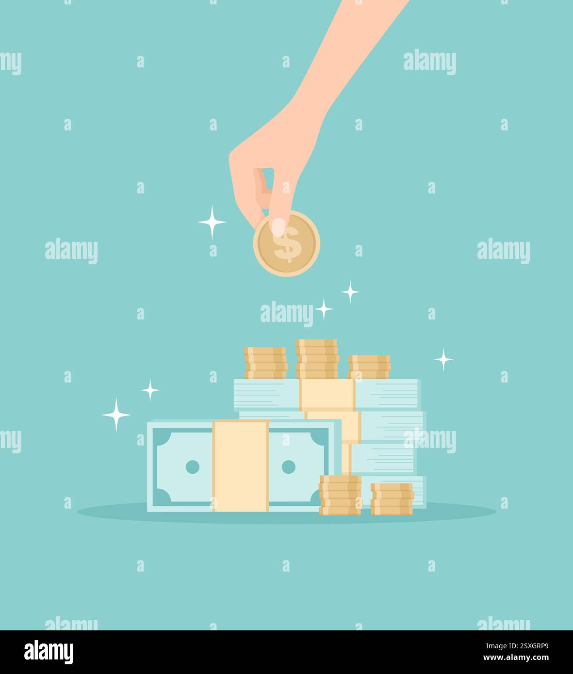 Hand putting a coin on a stack of banknotes and coins, flat vector ...