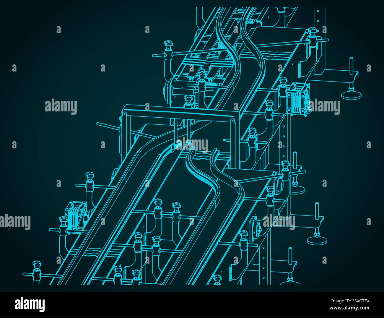 Stylized vector illustration of a conveyor production line close-up ...