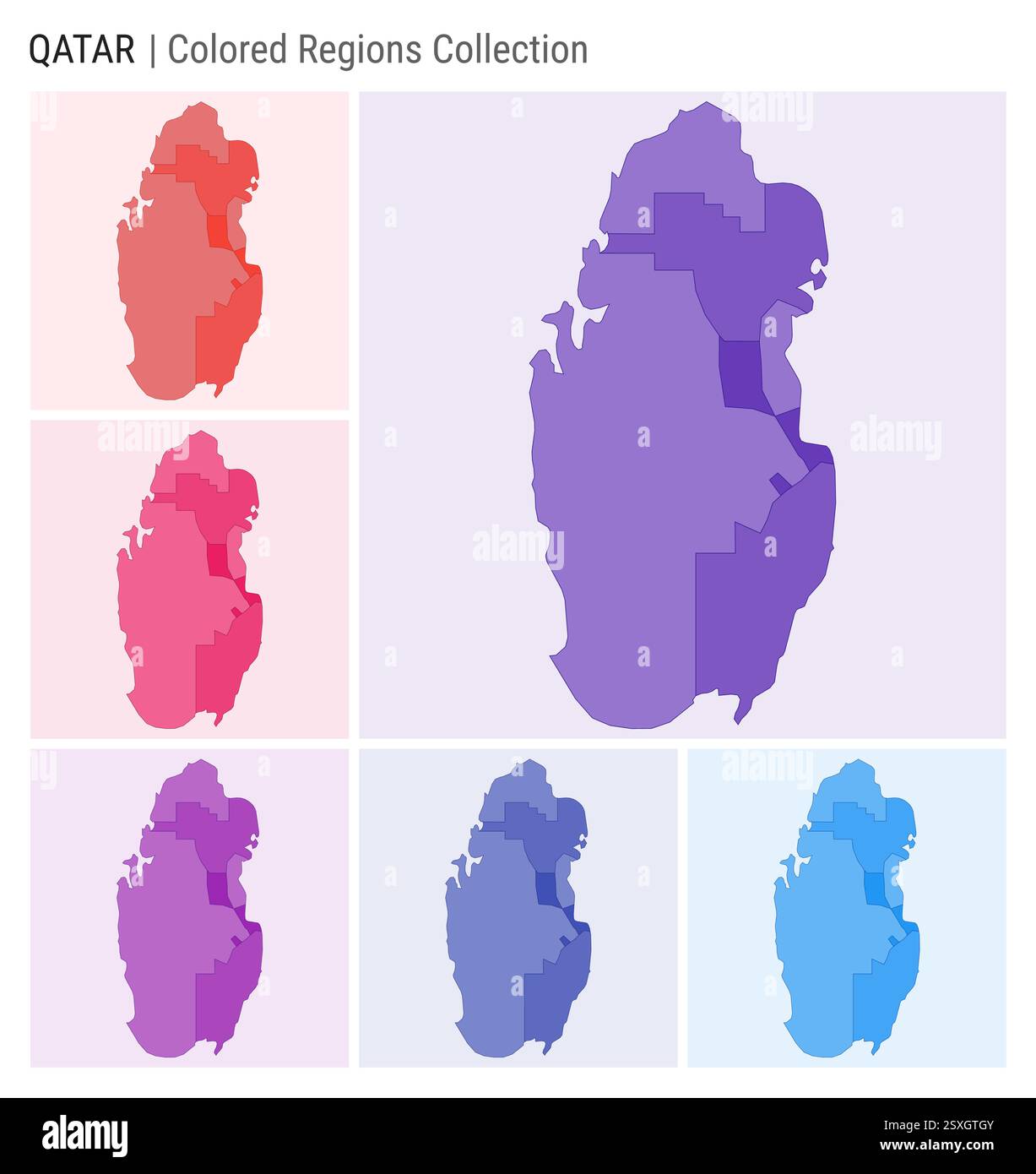 Qatar map collection. Country shape with colored regions. Deep Purple, Red, Pink, Purple, Indigo ...