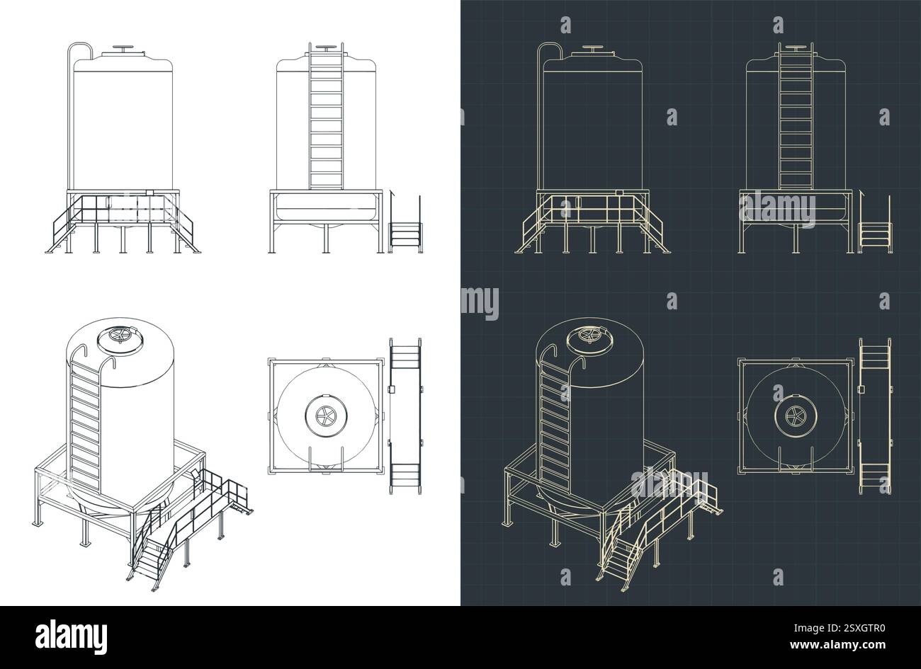 Stylized vector illustrations of industrial stainless steel tanks ...