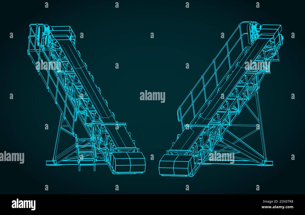 Stylized vector illustration of a mine conveyor isometric blueprints ...