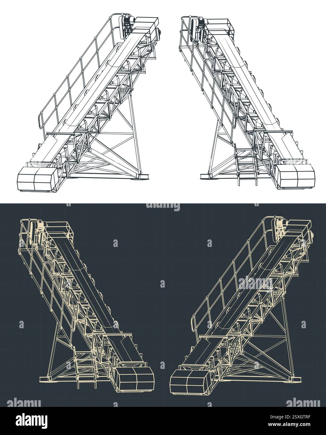 Stylized vector illustrations of a mine conveyor isometric blueprints ...