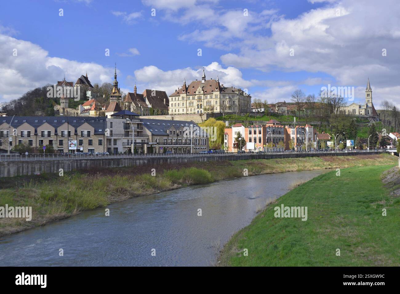Medieval town of Sighisora seen from European Route E60 and Tarnava ...