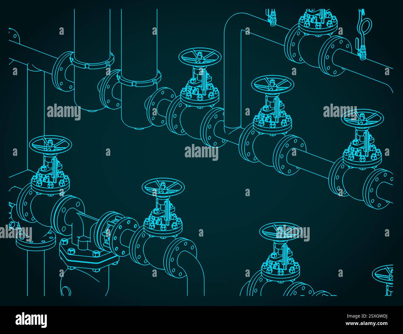 Stylized vector illustration of isometric drawings of industrial valves ...
