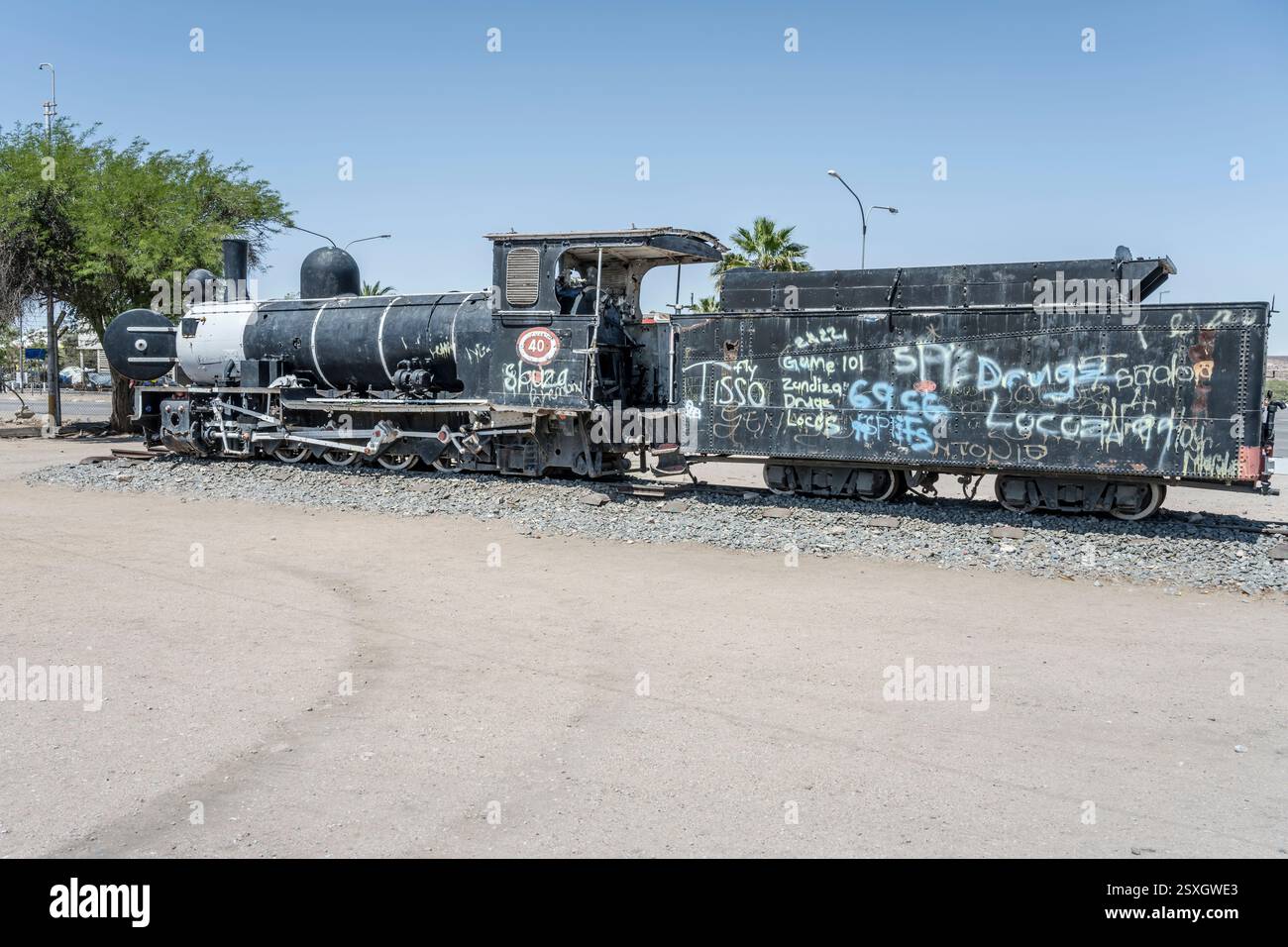 old steam engine in exhibition at little town, shot in bright late ...