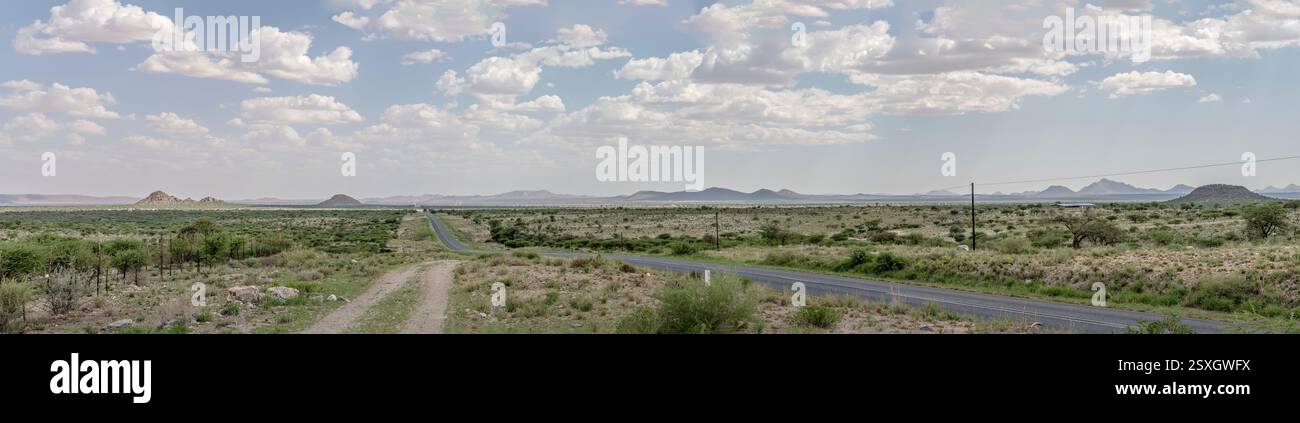 landscape with B1 tar road in green desert countryside, shot in bright ...