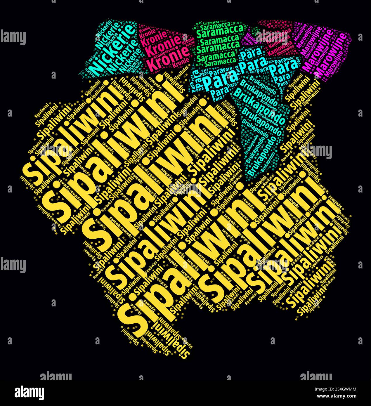 Suriname word cloud. Region names of the country in Dutch language ...