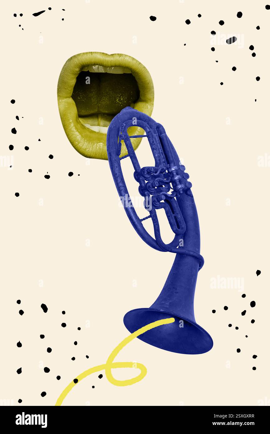 Poster image vertical photo collage of faceless mouth blow music pipe ...