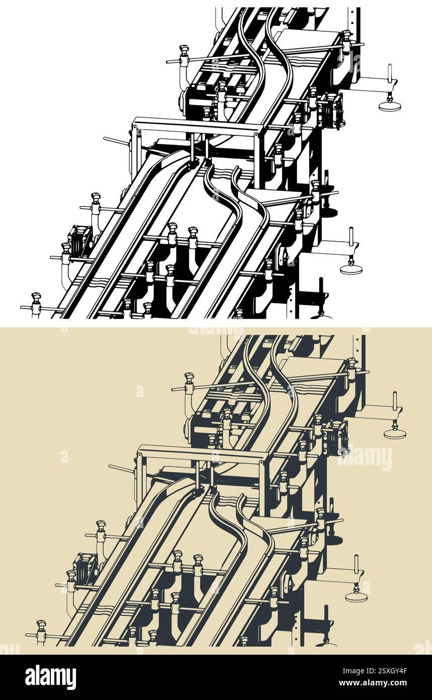 Stylized vector illustrations of a conveyor production line close-up ...