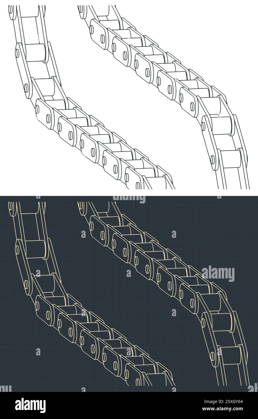 Stylized vector illustrations of conveyor chain isometric blueprints ...