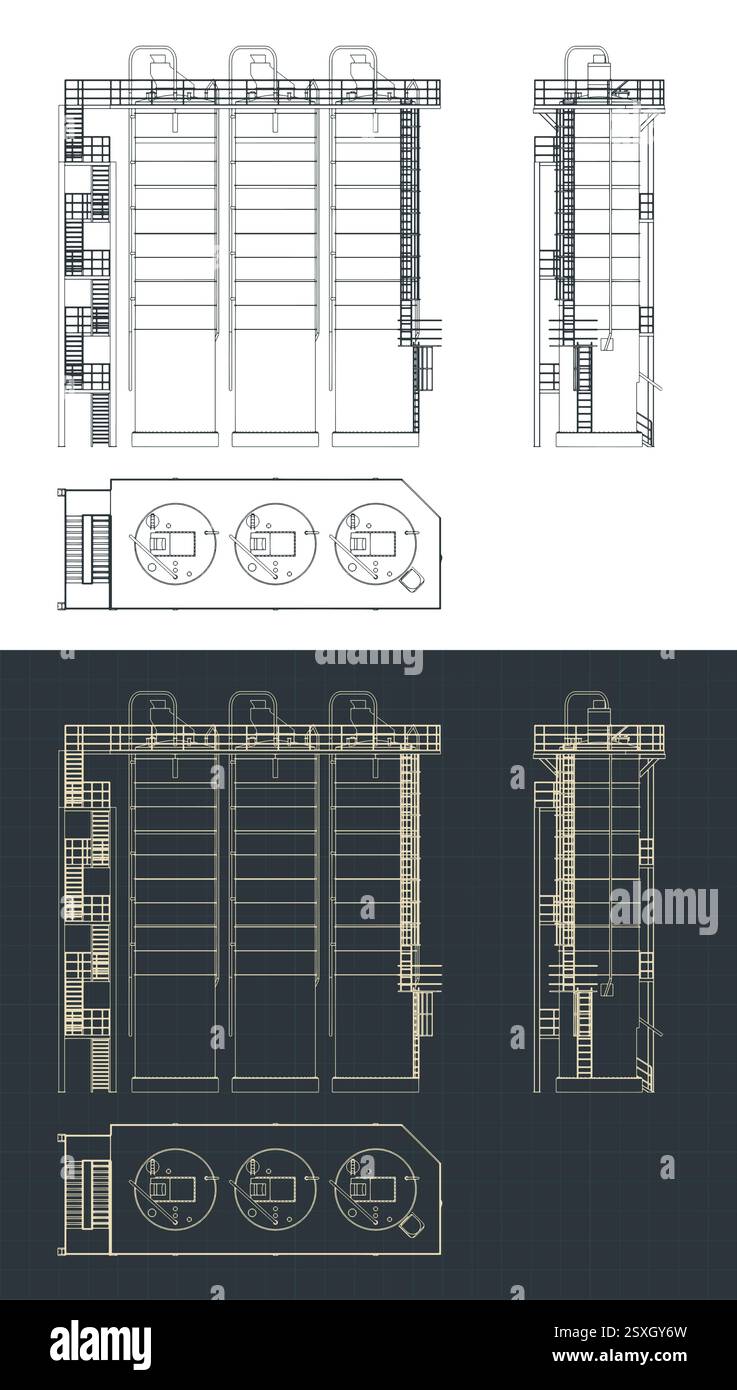 Stylized vector illustrations of a silo storage system blueprints Stock ...