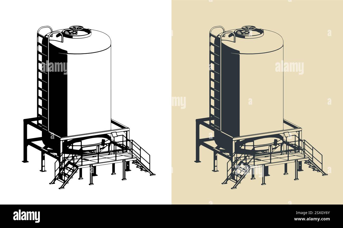 Stylized vector illustrations of stainless steel storage industrial ...