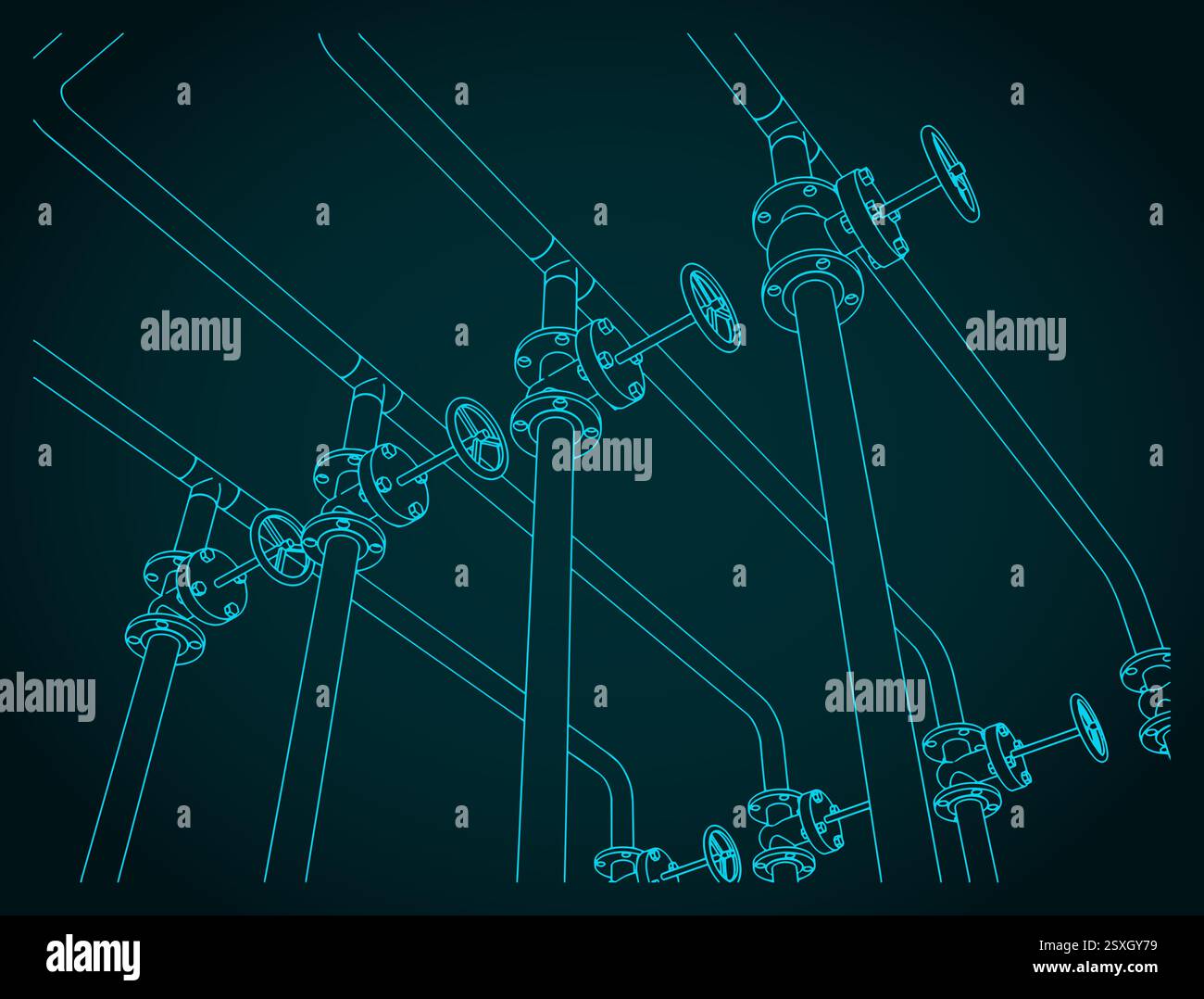 Stylized vector illustration of industrial pipes and valves blueprint ...