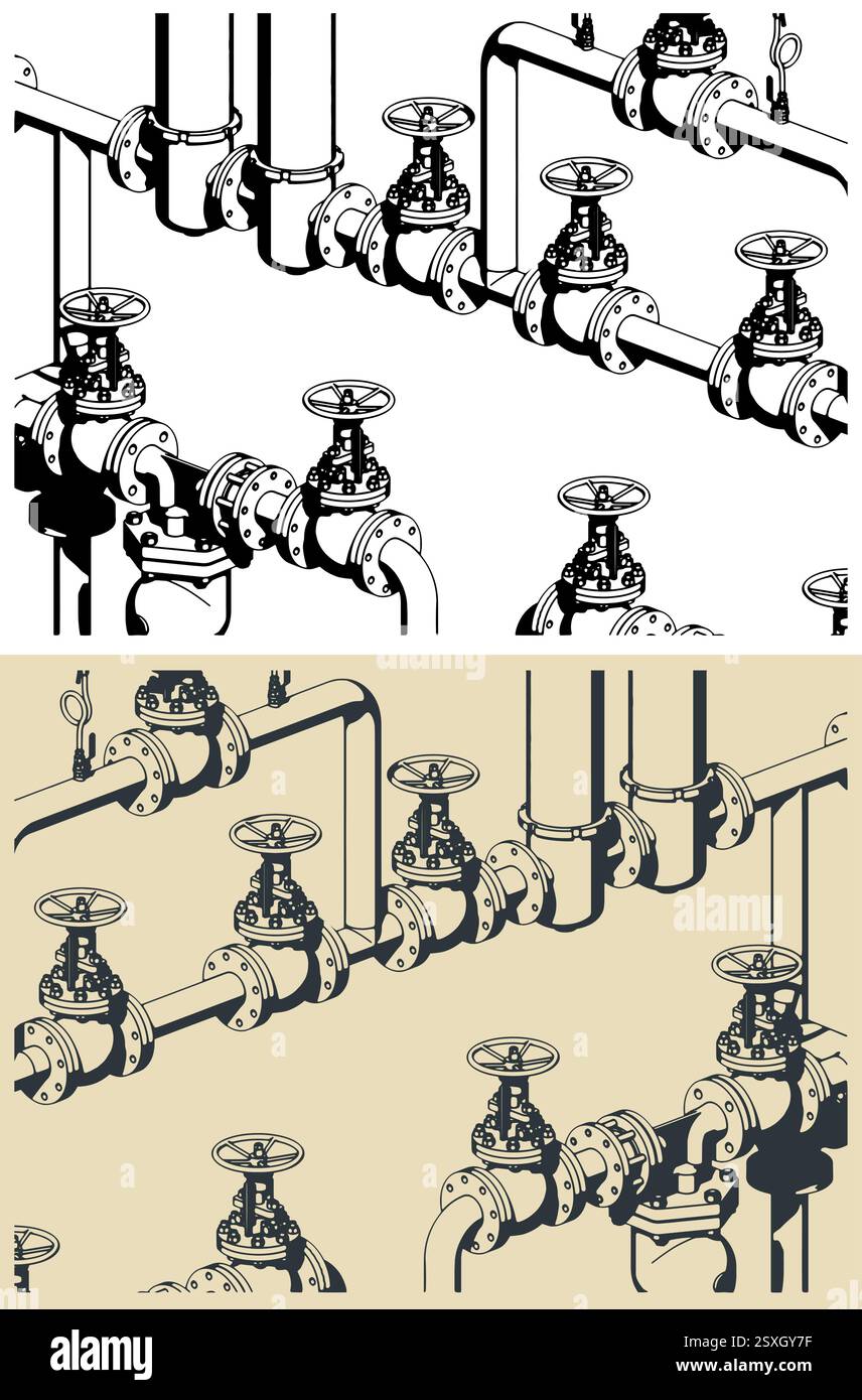 Stylized vector illustrations of industrial valves and pipes Stock ...
