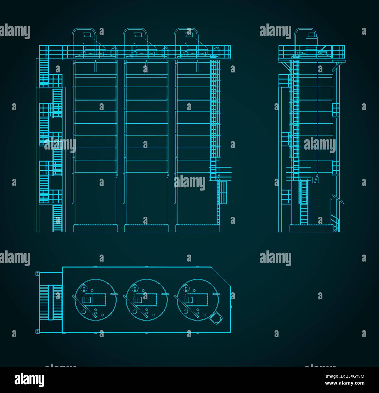 Stylized vector illustration of a silo storage system blueprints Stock ...