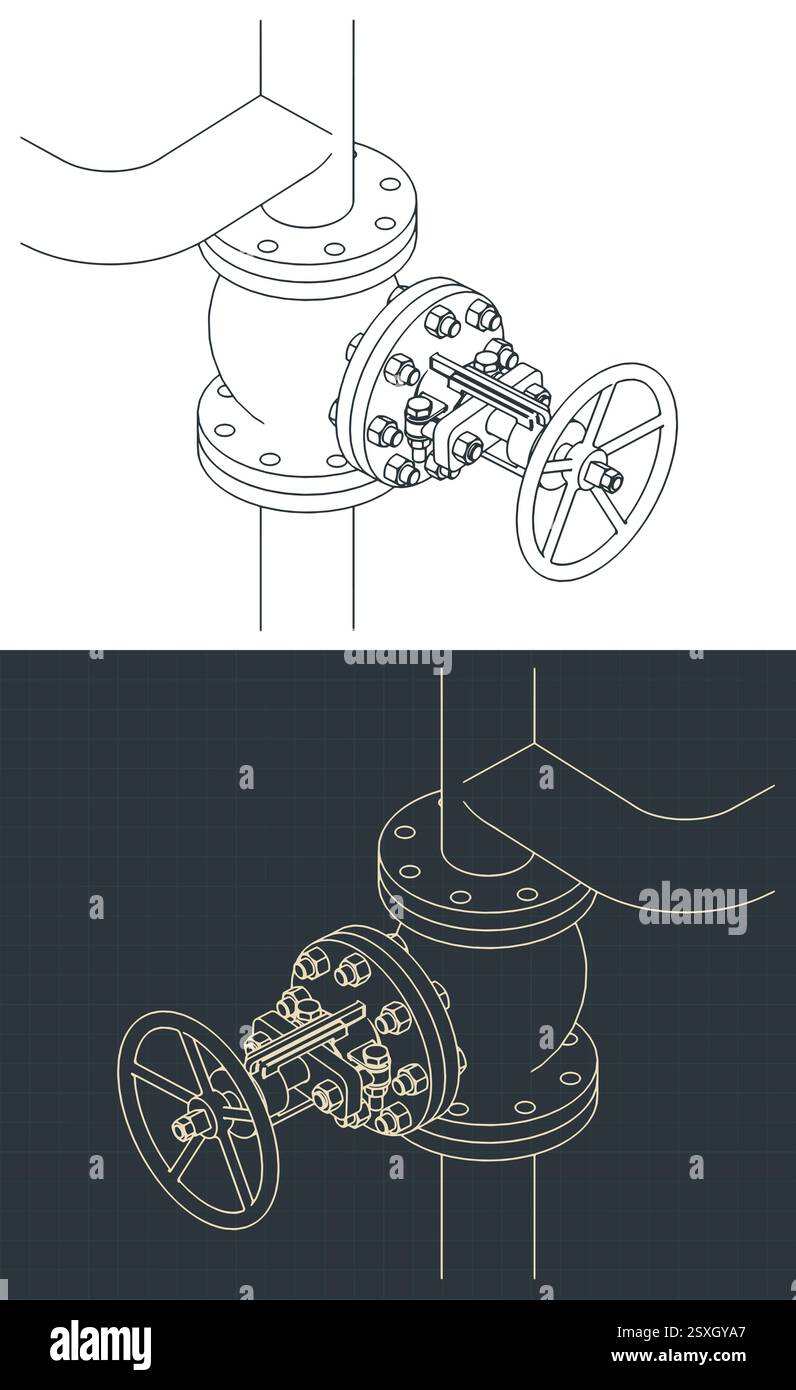 Stylized vector illustrations of steam globe valve isometric blueprints ...