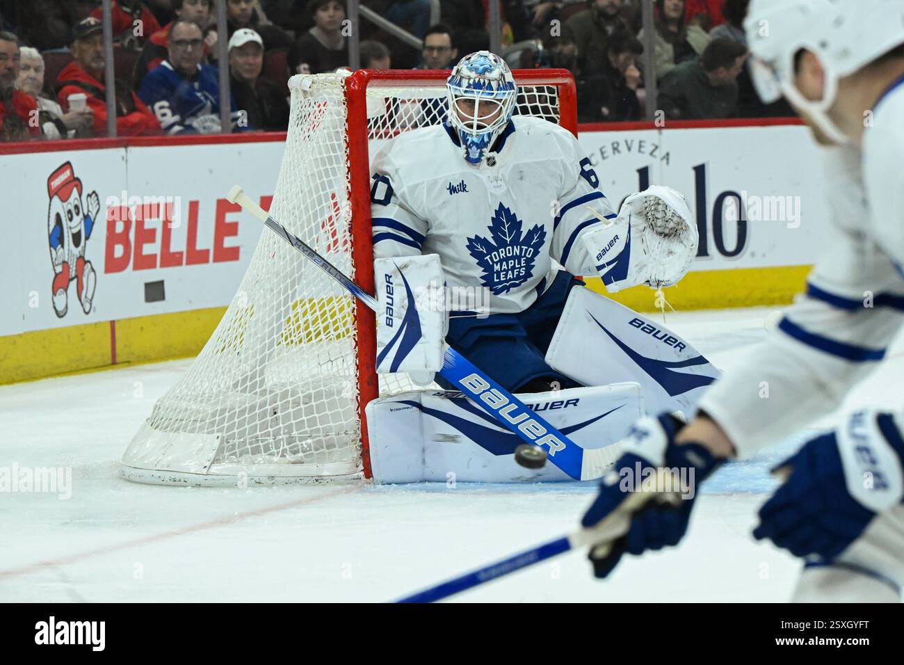 Toronto Maple Leafs goaltender Joseph Woll defends against the Chicago ...