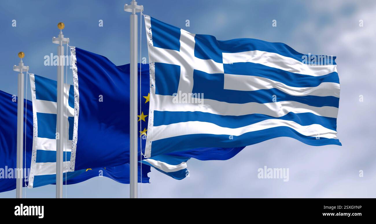 Close-up of Greece national flags an the European Union flag waving in ...