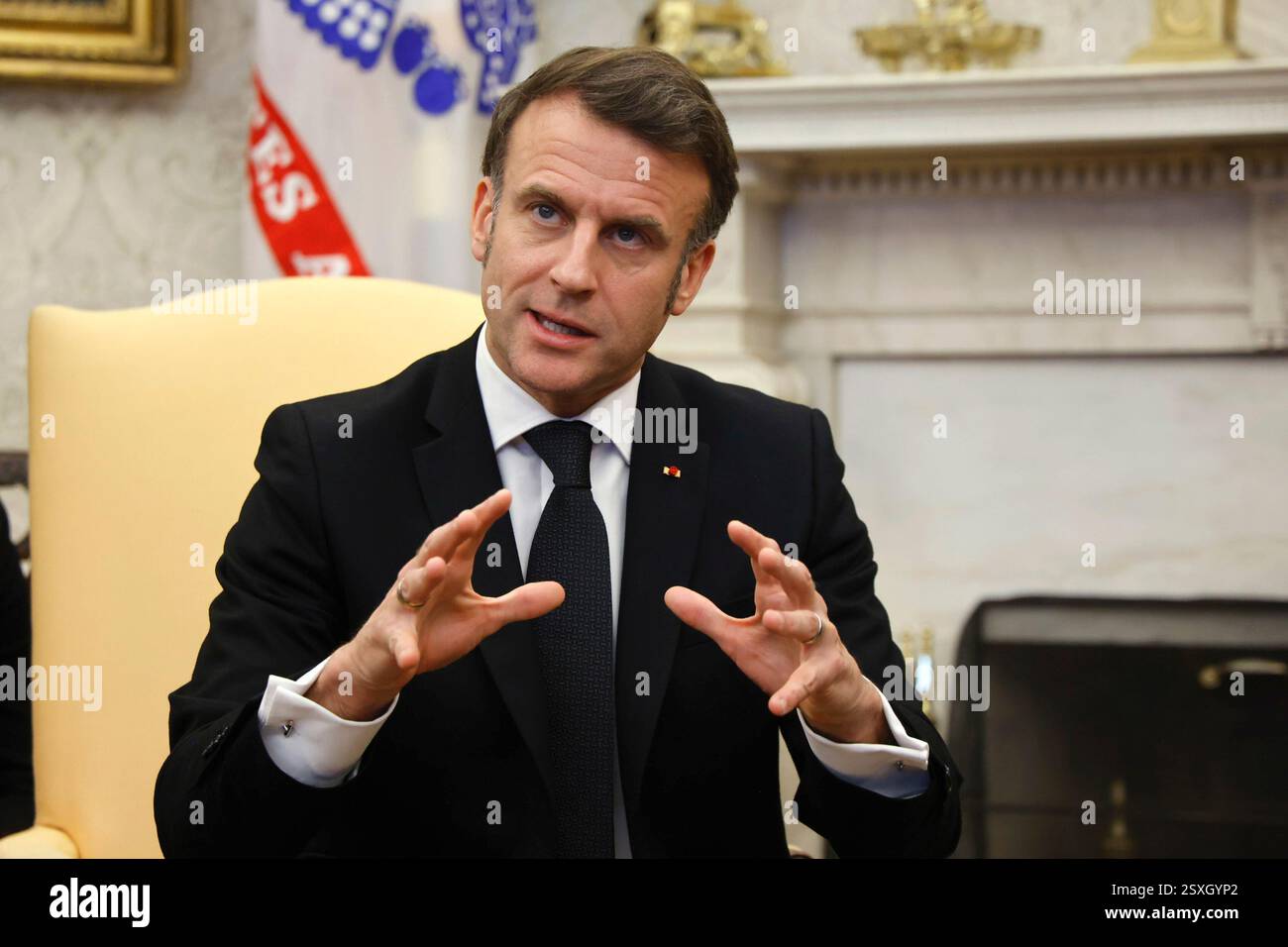 France's President Emmanuel Macron speaks during a meeting with ...