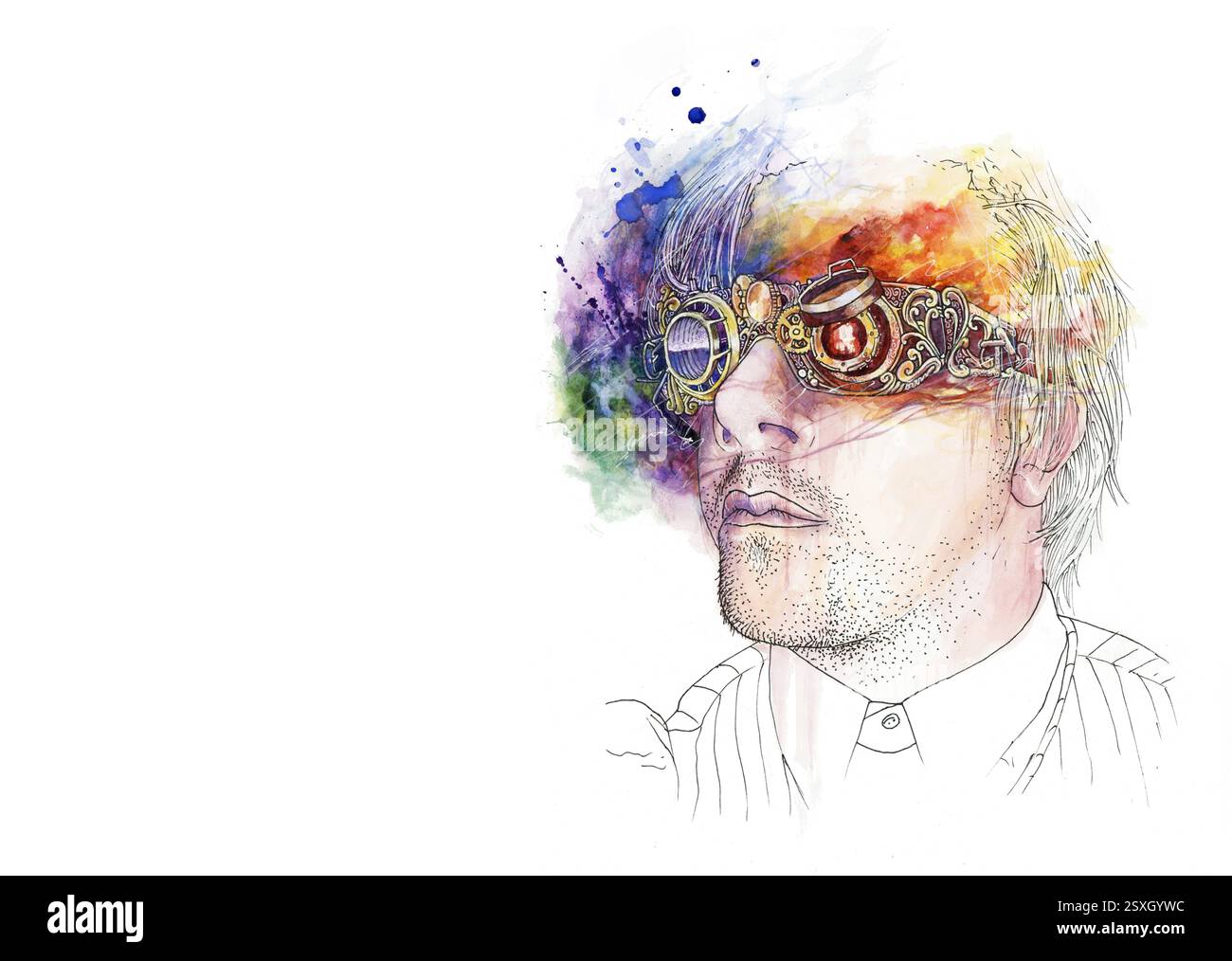 Man wearing steampunk goggles art painting, white background. Stylistic ...