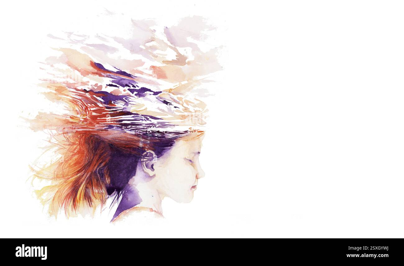 Drowning girl, emotional pain and grief concept watercolor painting ...