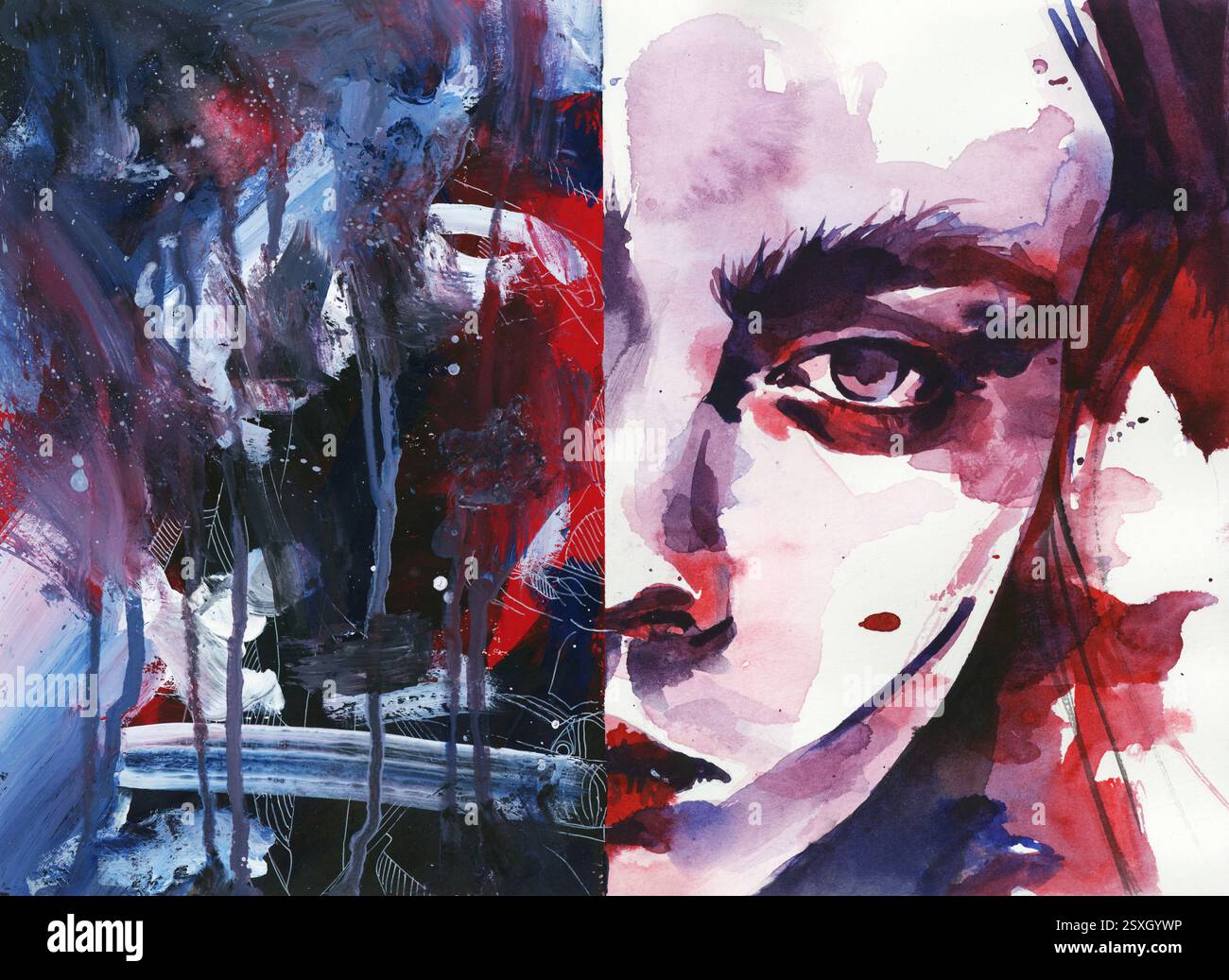 Vibrant painting artwork blending abstract elements. Portrait of a ...