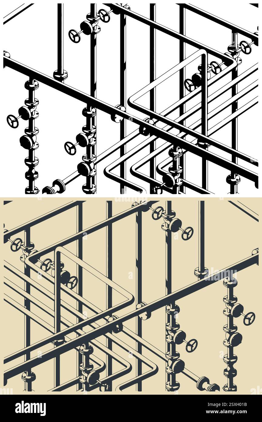 Stylized vector illustrations of industrial pipes and valves Stock ...