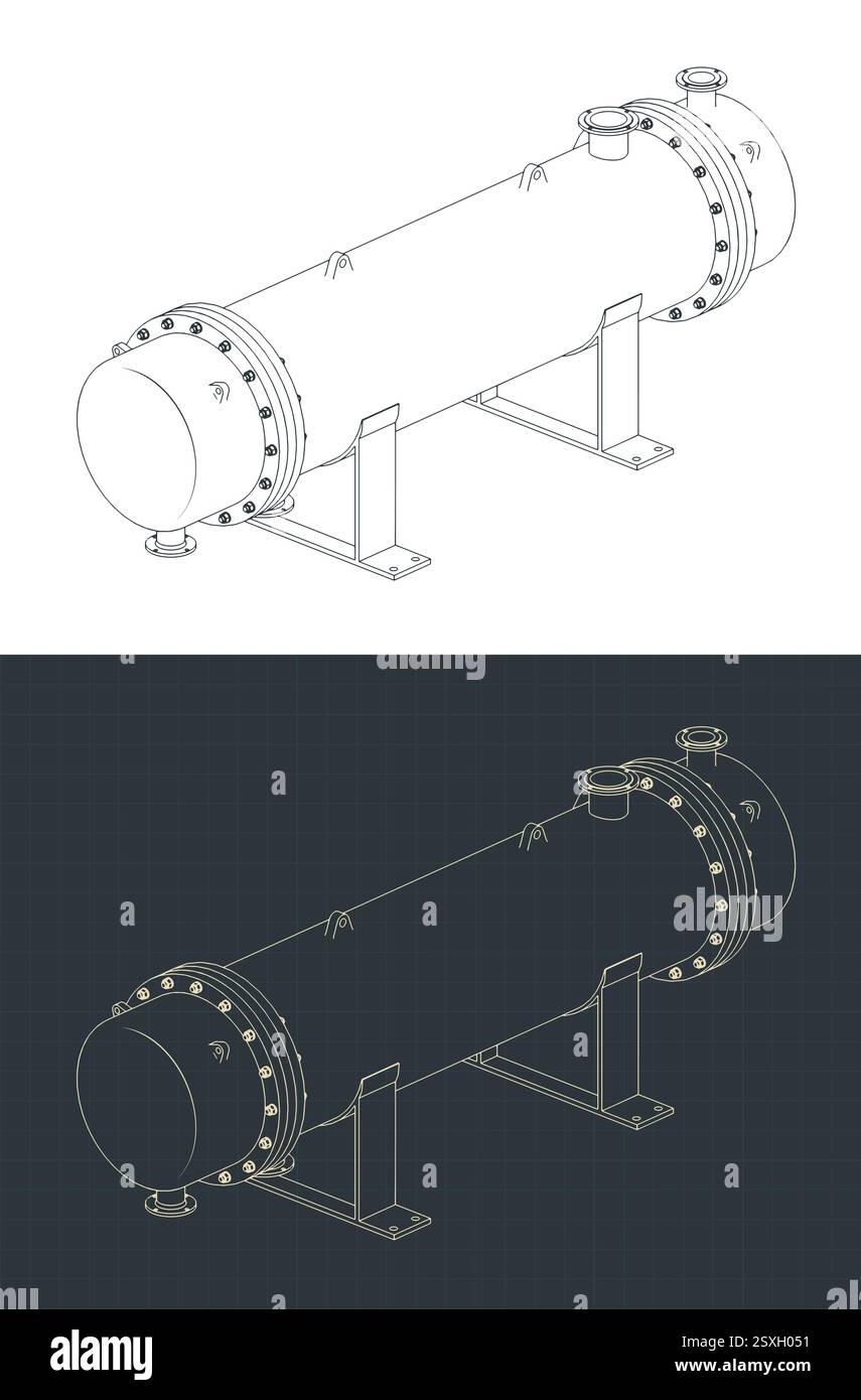 Stylized vector illustration of isometric blueprints of shell and tube ...