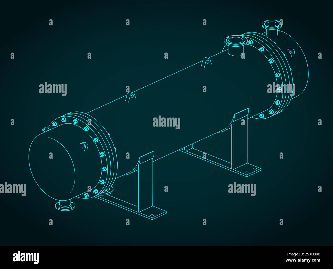 Stylized vector illustration of isometric blueprint of shell and tube ...