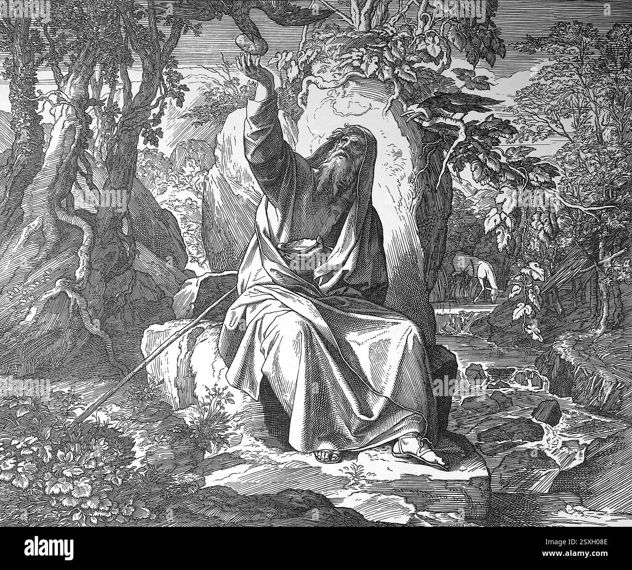 Old Testament. Elijah receives food from the ravens. First Book of ...