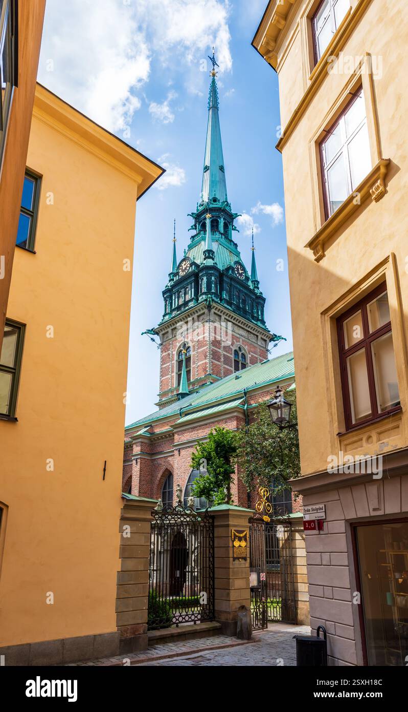 Bell tower of the German Church in Gamla stan, the old town of ...