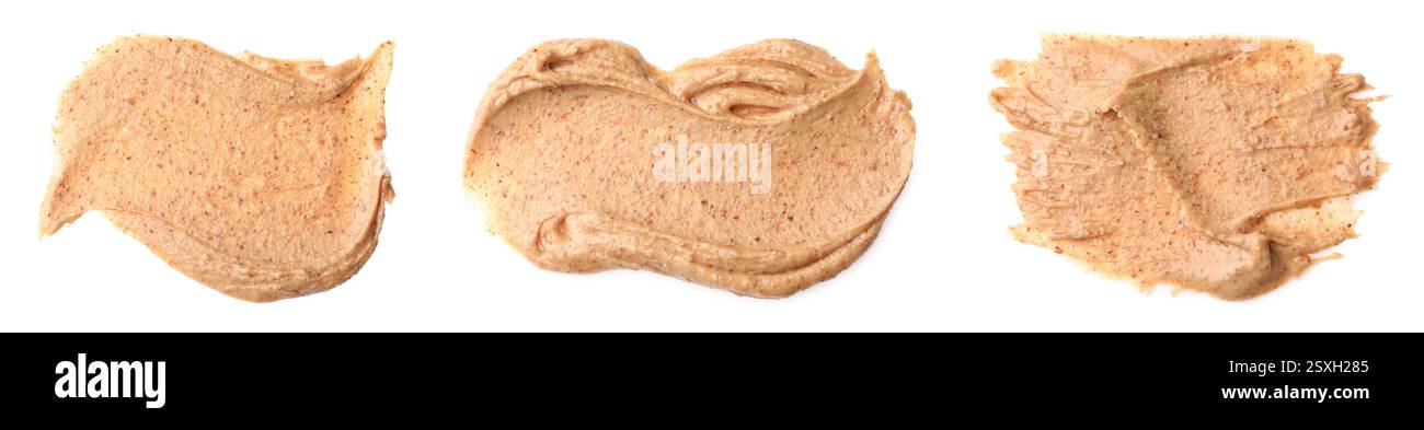 Yummy nut butter. Samples isolated on white, set. Top view Stock Photo ...