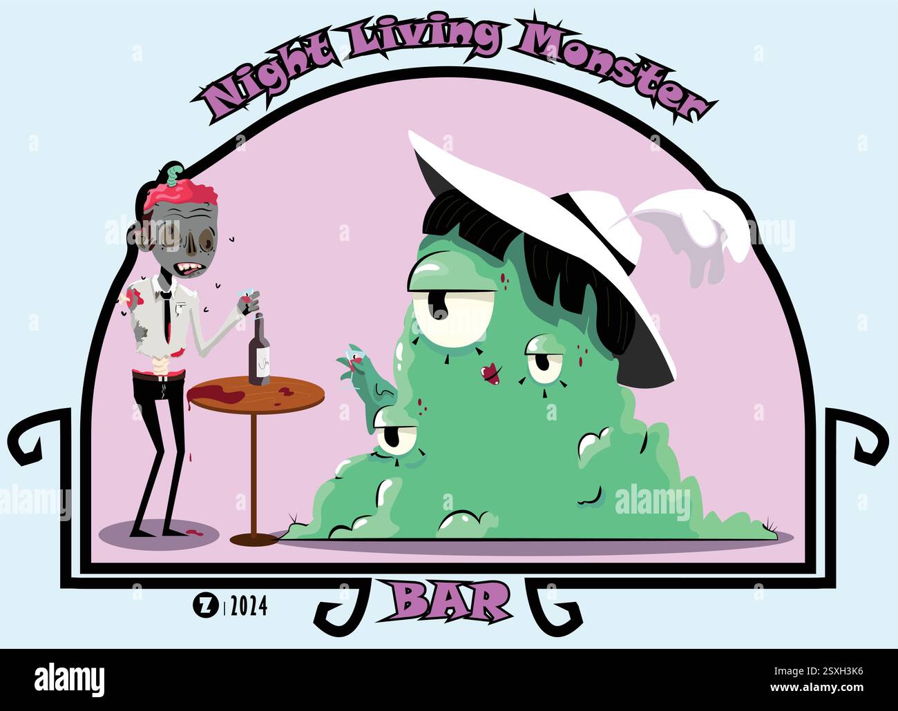 A quirky digital illustration of a green blob monster in a hat at a bar ...