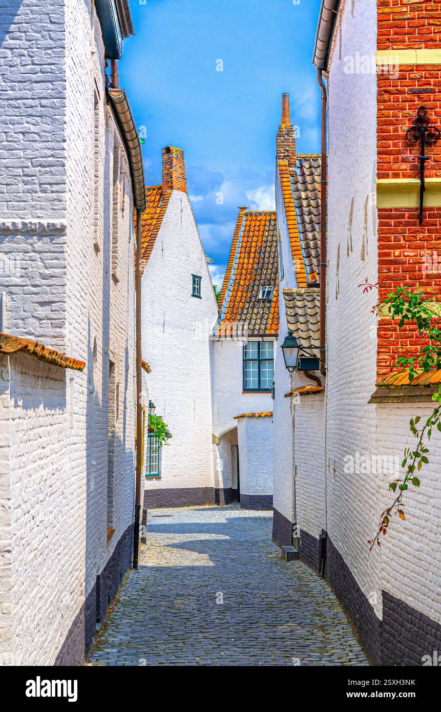 Beguinage Courtrai, Begijnhof van Kortrijk, white houses on narrow paving stone street in ...