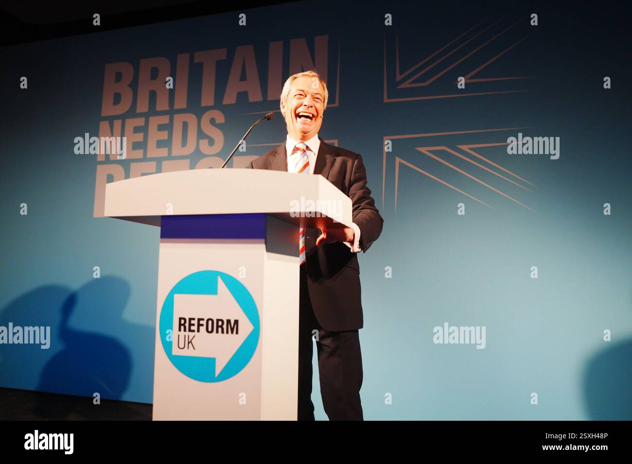 Reform UK leader Nigel Farage speaking during the Reform UK Cornwall ...
