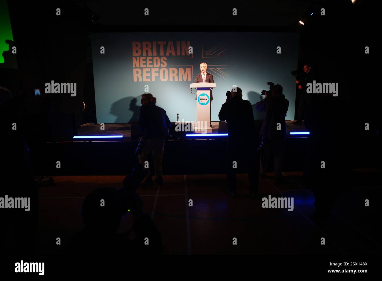 Reform UK leader Nigel Farage speaking during the Reform UK Cornwall ...