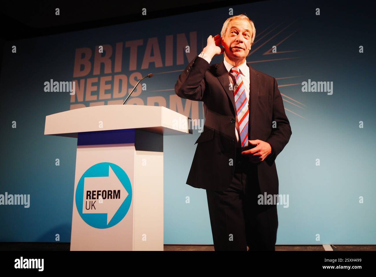 Reform UK leader Nigel Farage speaking during the Reform UK Cornwall ...