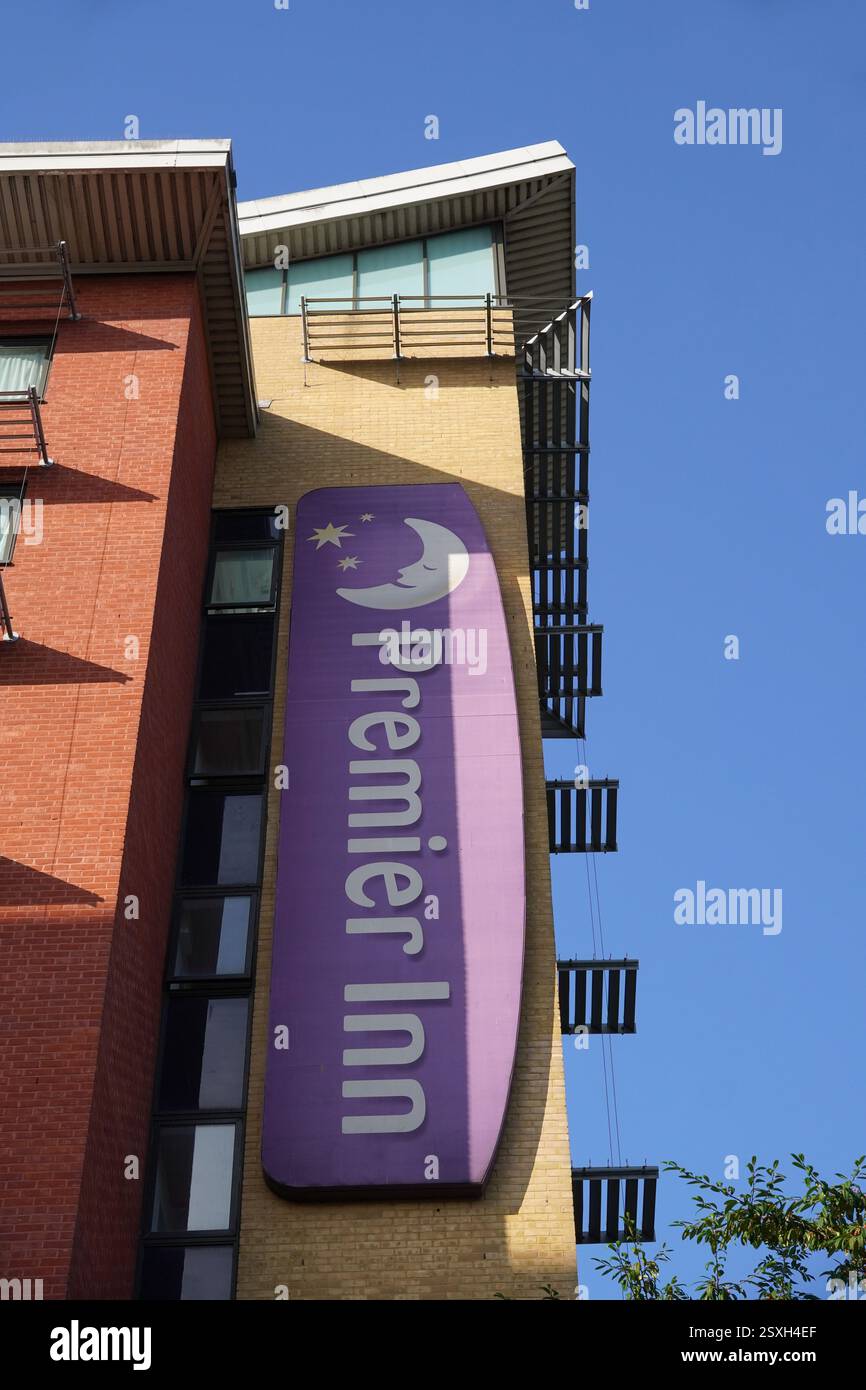Premier Inn signage of hotel chain in the UK. Banner on exterior of ...