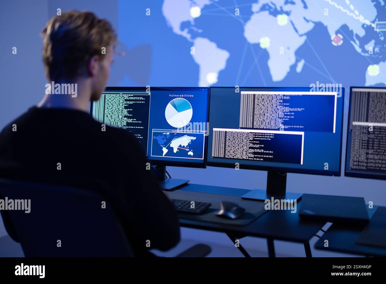 Back View in the Cyber Security Control Center Operator Working ...