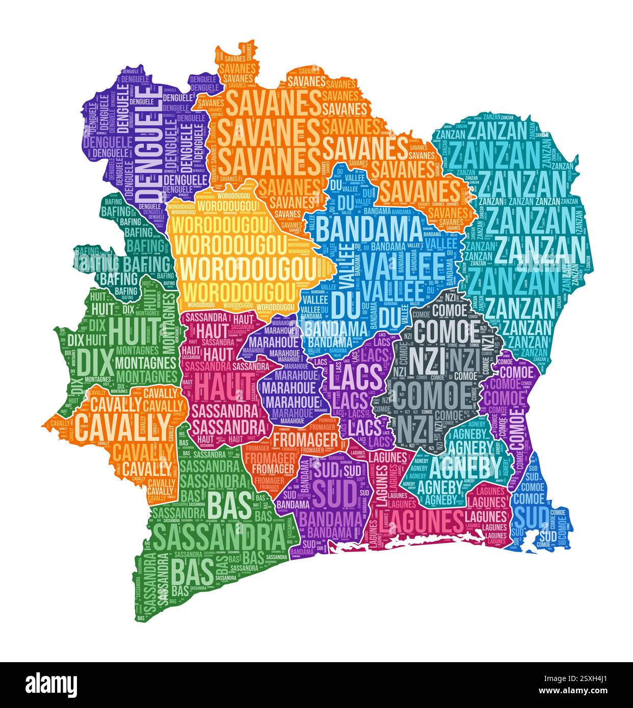 Cote d'Ivoire shape. Country word cloud with region division. Cote d ...
