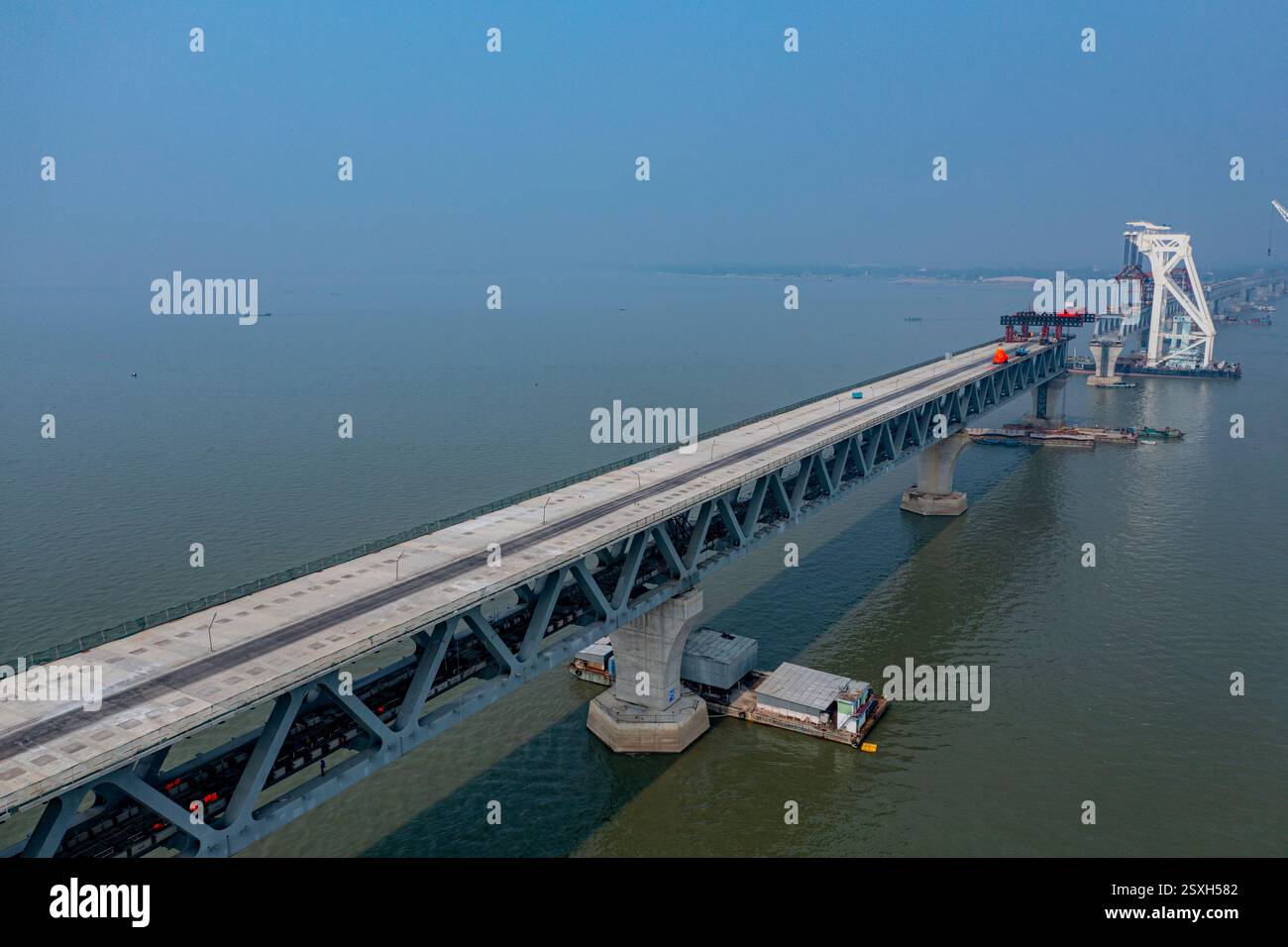An aerial view of the under-construction Padma Multipurpose Bridge ...