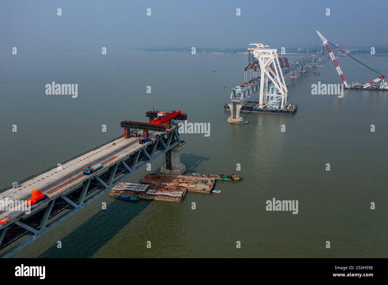 An aerial view of the under-construction Padma Multipurpose Bridge ...