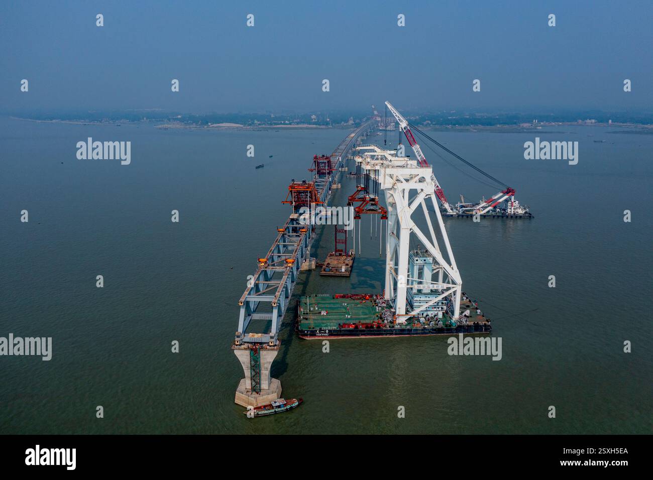 An aerial view of the under-construction Padma Multipurpose Bridge ...
