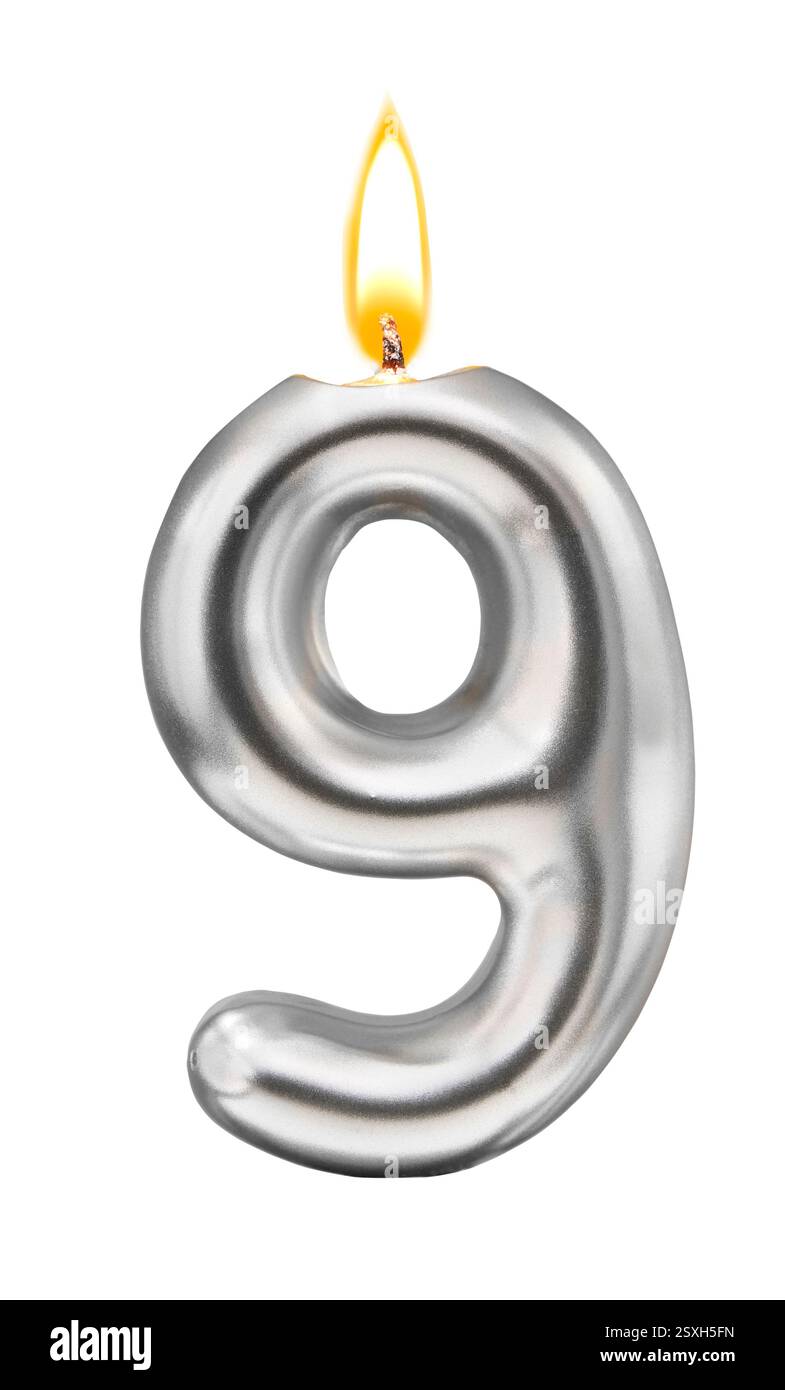 Metallic Number nine Candle with Flame isolated on white Stock Photo ...