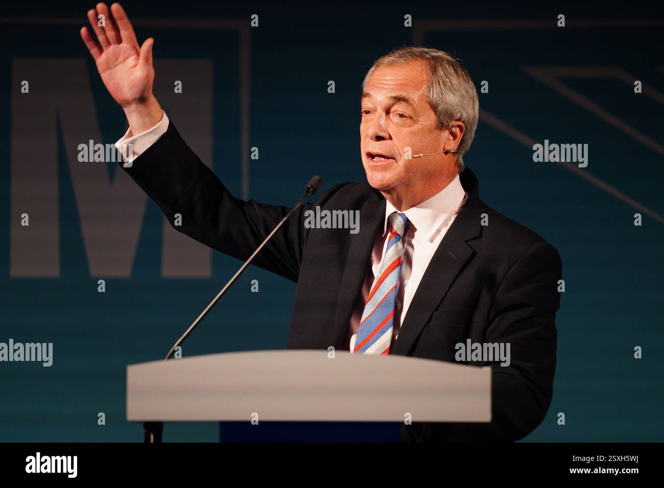 Reform UK leader Nigel Farage speaking during the Reform UK Cornwall ...