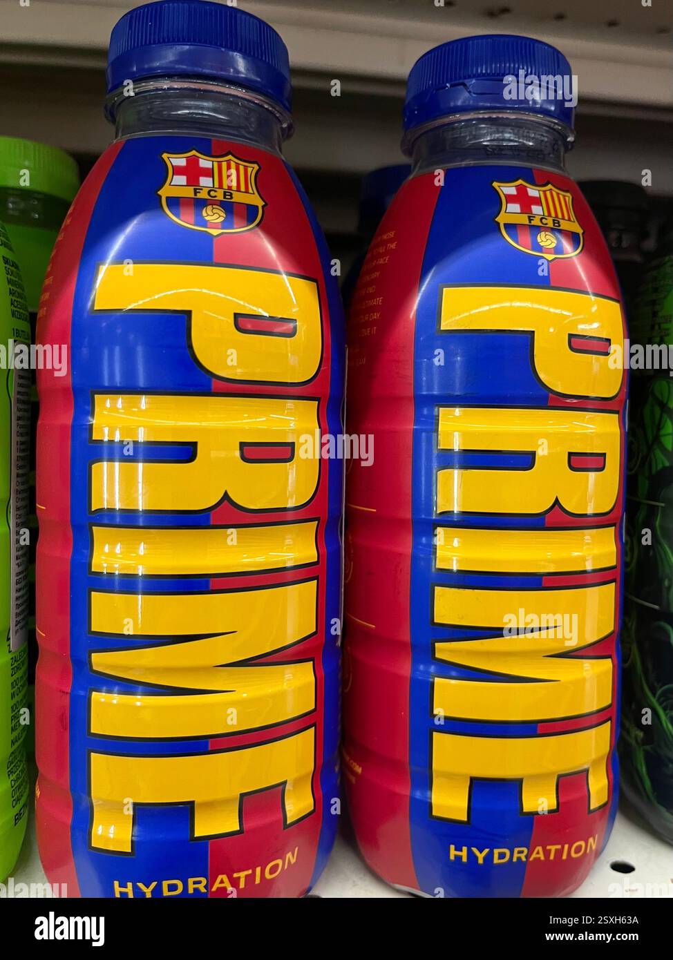FC Barcelona-branded Prime hydration drinks displayed on a supermarket ...