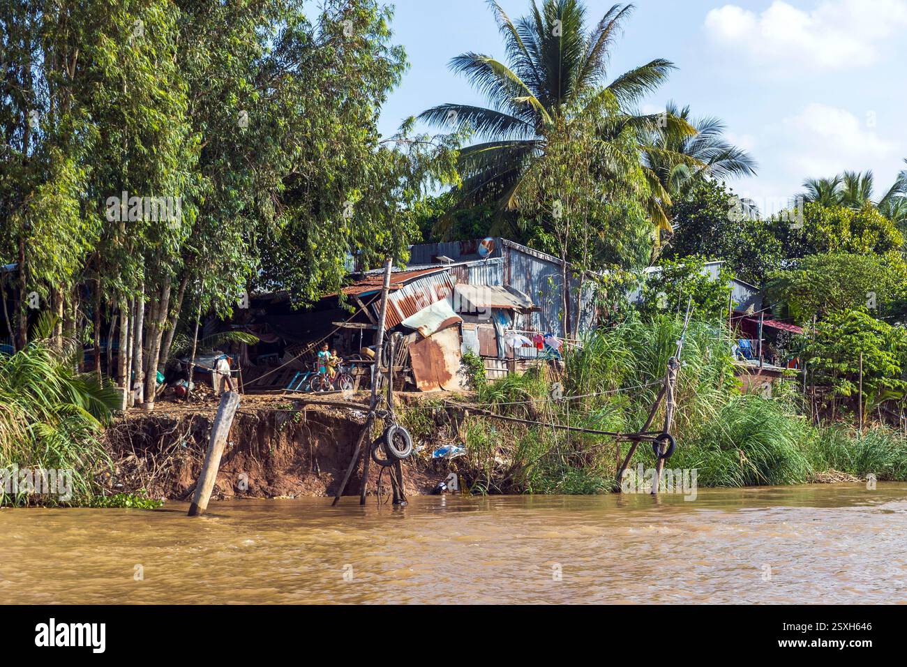 Local homes by the riverbank on the Mekong River, Vietnam, Tuesday ...