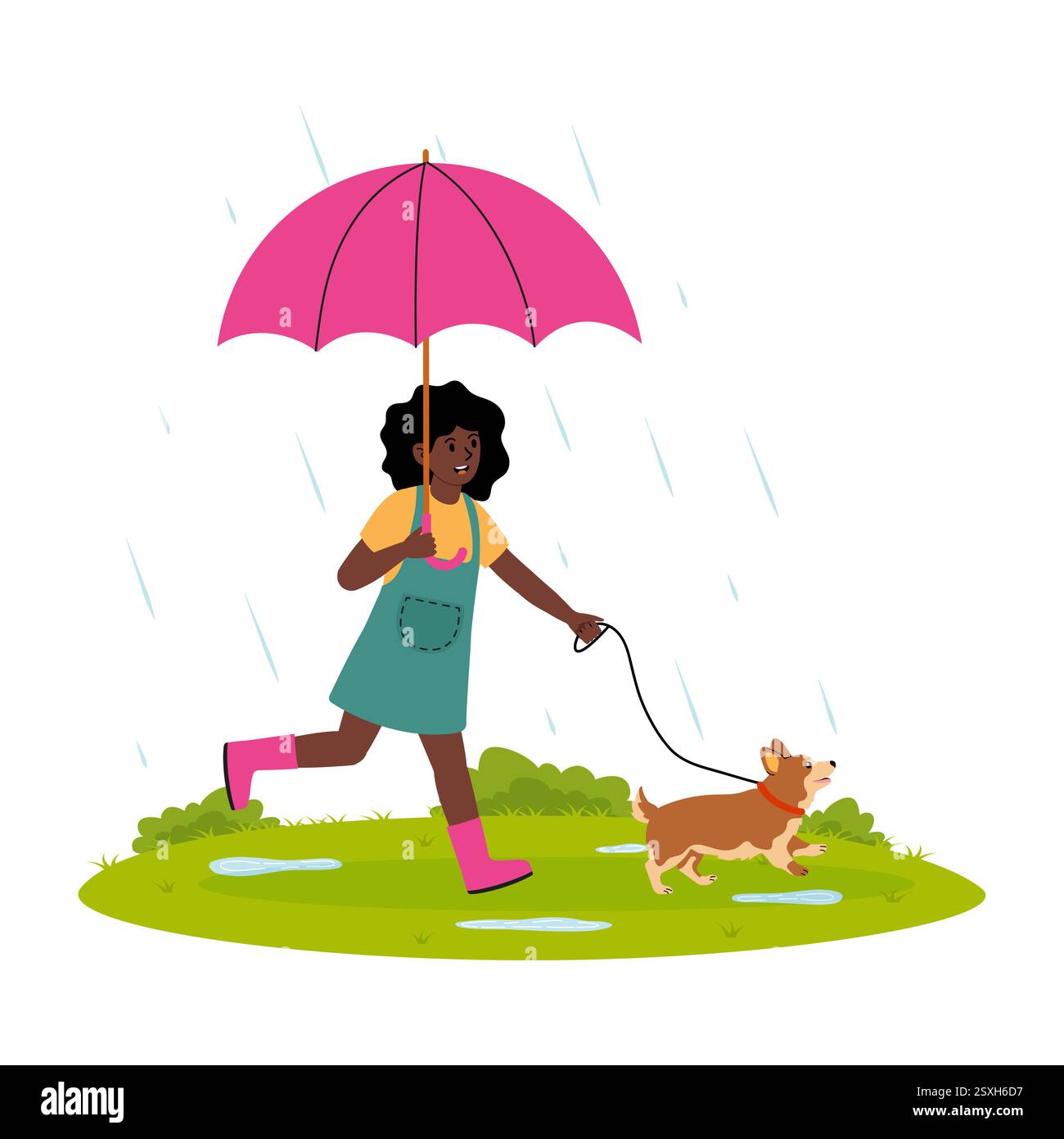 Girl with umbrella joyfully walks her dog in the rain over puddles ...