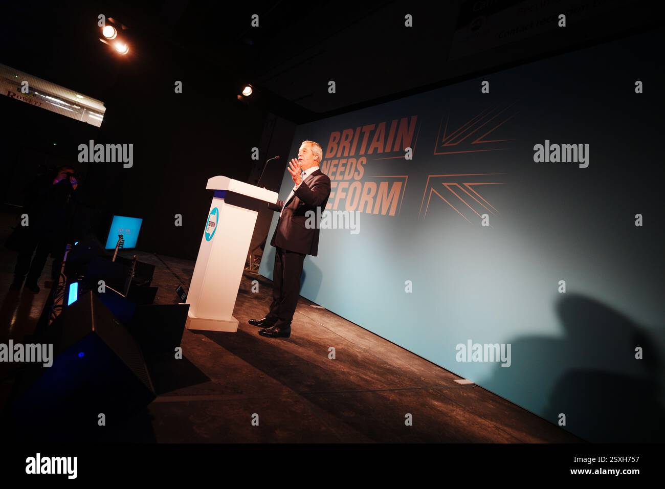 Reform UK leader Nigel Farage speaking during the Reform UK Cornwall ...