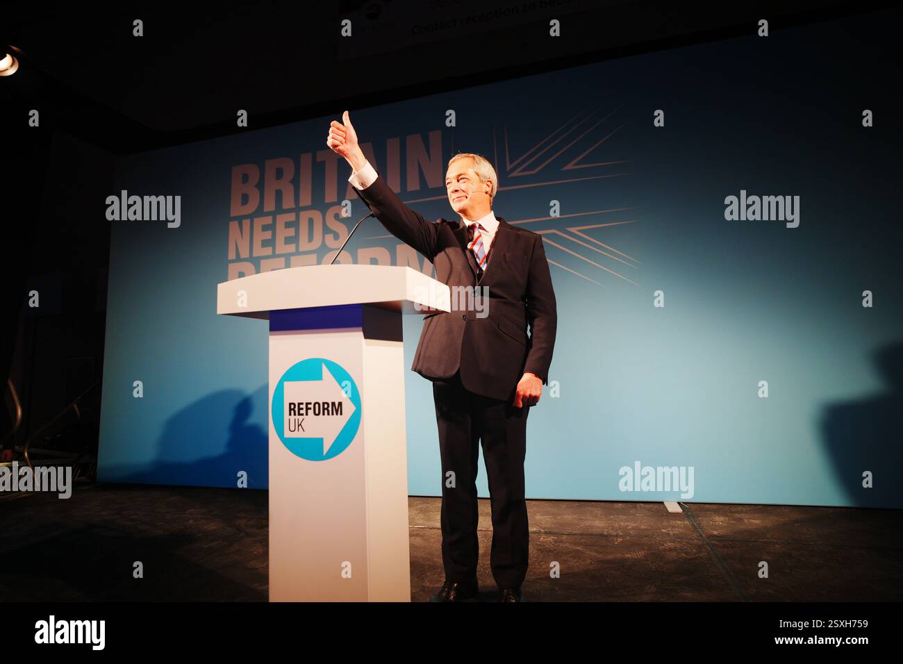 Reform UK leader Nigel Farage speaking during the Reform UK Cornwall ...